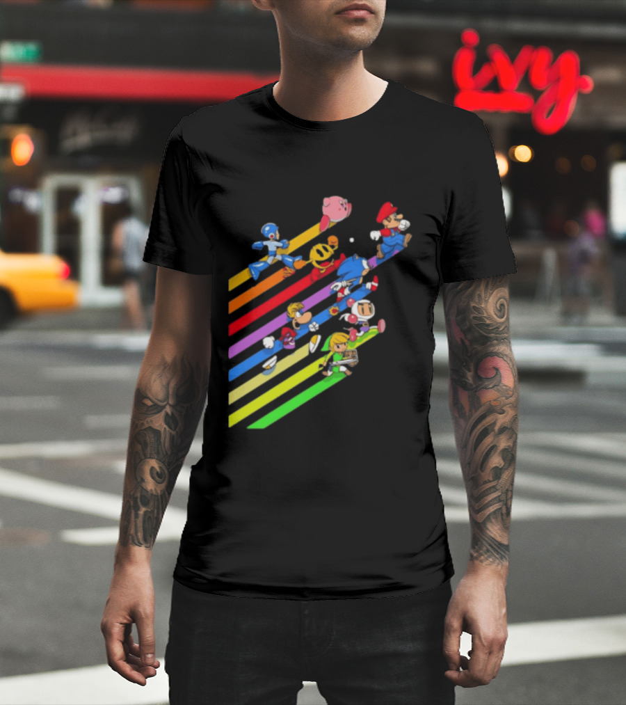 Legends Gaming Mario Pac Man Mega Man Sonic Link Kirby Bomberman Rayman Characters T-Shirt