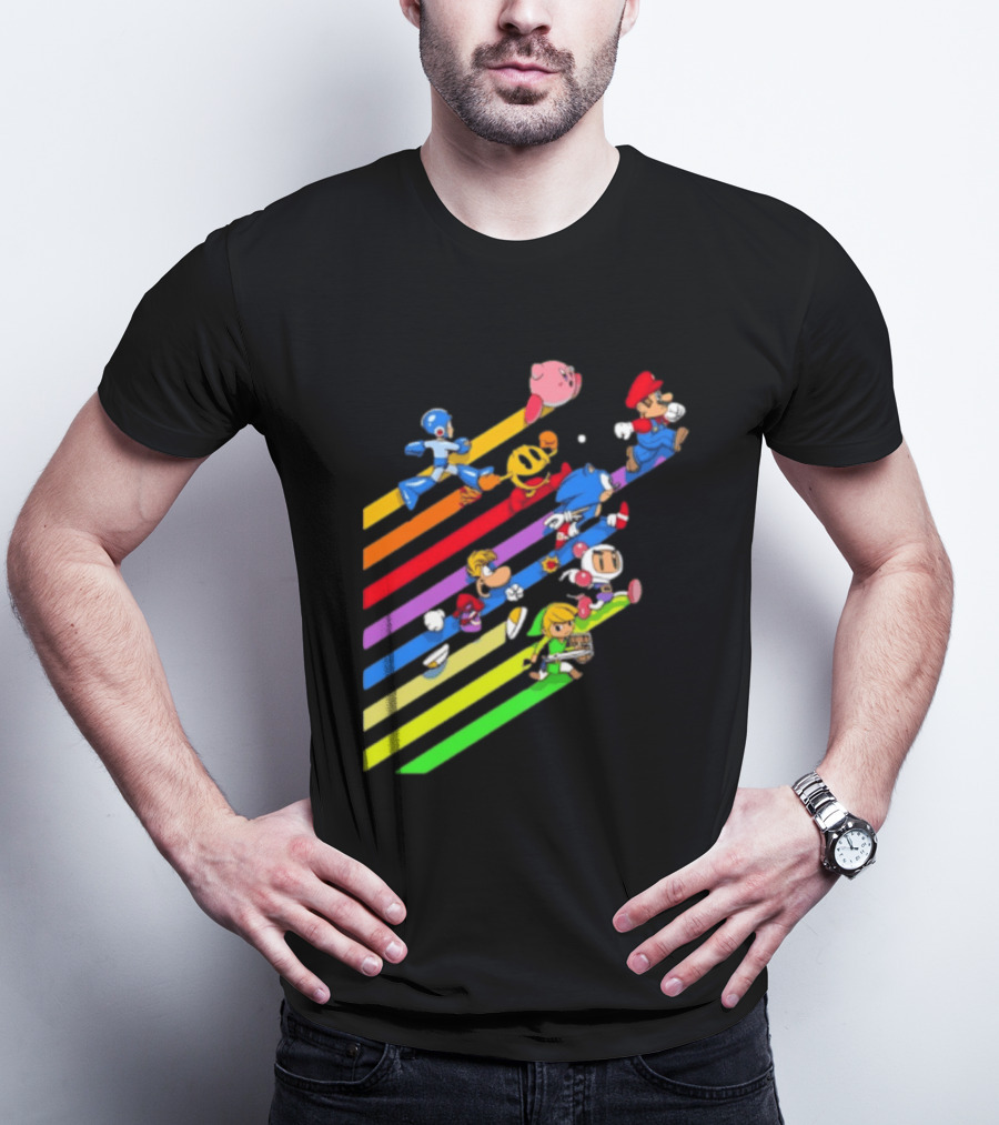 Legends Gaming Mario Pac Man Mega Man Sonic Link Kirby Bomberman Rayman Characters T-Shirt