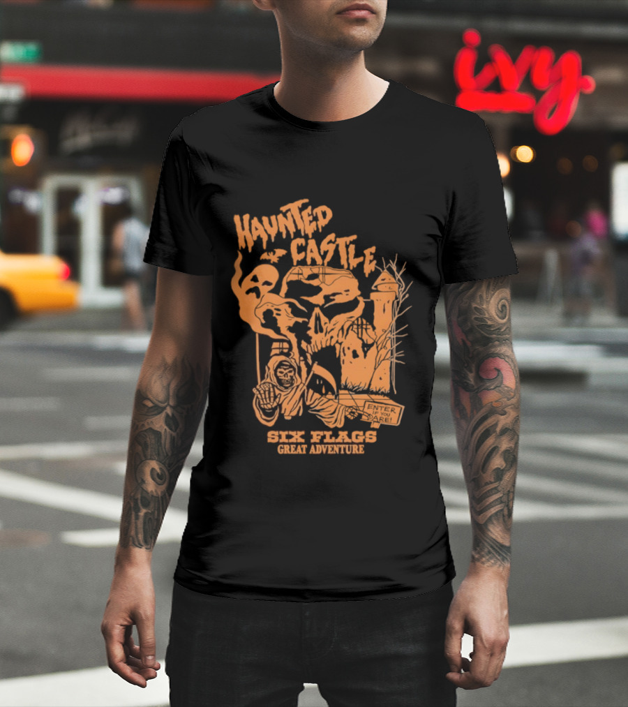 Six Flags Great Adventure Haunted Castle Enter If You Dare Spooky Skeleton And Ghosts T-Shirt