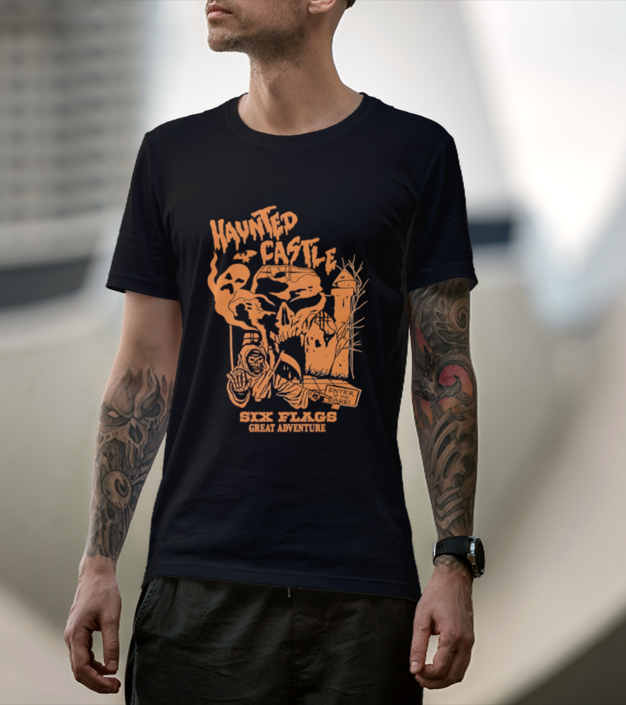 Six Flags Great Adventure Haunted Castle Enter If You Dare Spooky Skeleton And Ghosts T-Shirt