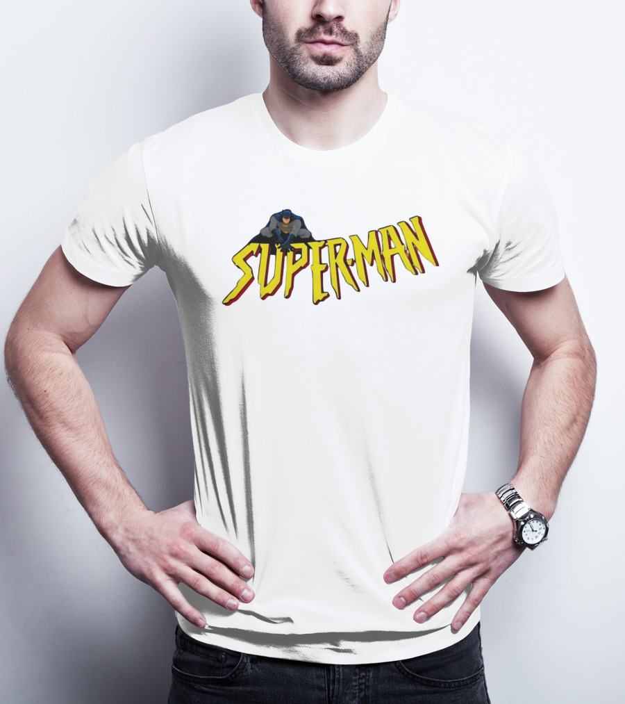 Batman Crouching On Superman Lettering DC Comics T-Shirt