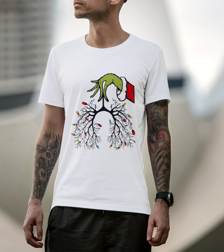 Christmas 2025 Nurse Lungs With Lights And Green Hand Santa Sleeve T-Shirt