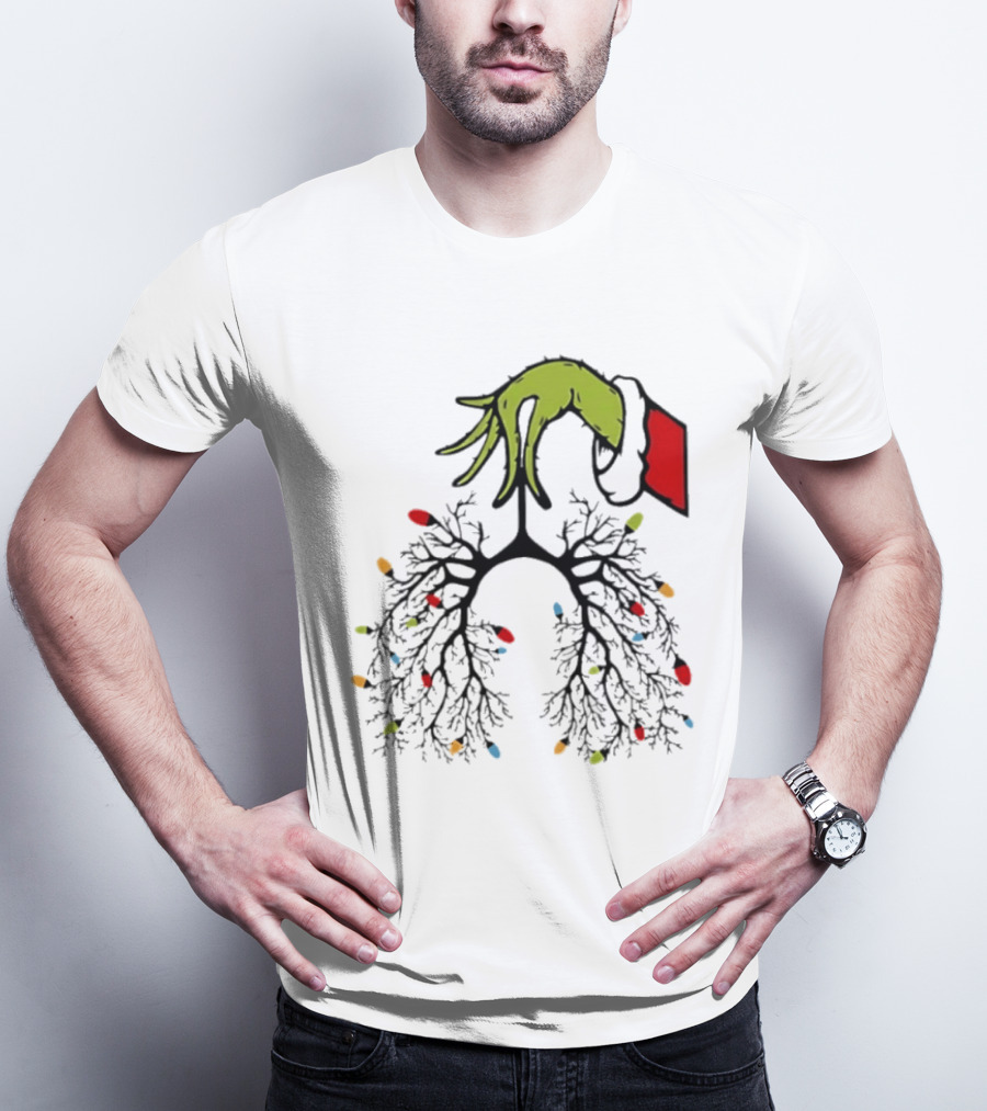 Christmas 2025 Nurse Lungs With Lights And Green Hand Santa Sleeve T-Shirt