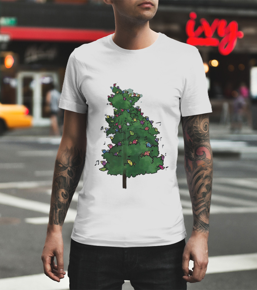 Colorful Singing Birds In Evergreen Tree With Musical Notes T-Shirt