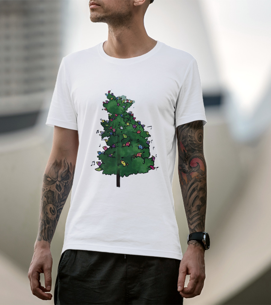 Colorful Singing Birds In Evergreen Tree With Musical Notes T-Shirt