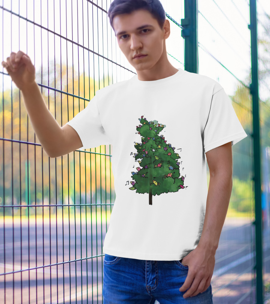 Colorful Singing Birds In Evergreen Tree With Musical Notes T-Shirt