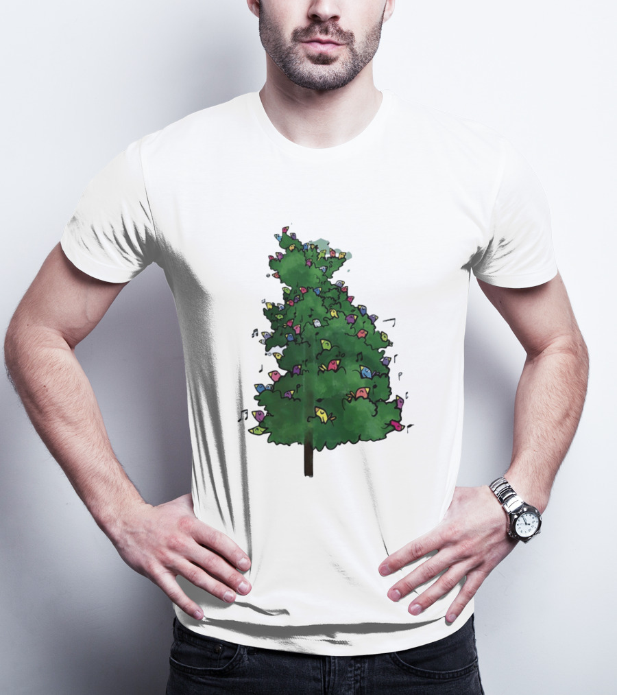 Colorful Singing Birds In Evergreen Tree With Musical Notes T-Shirt