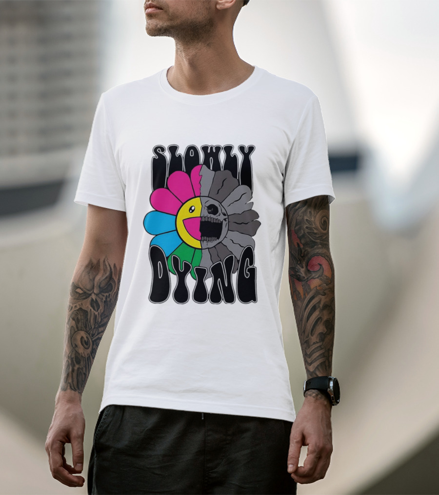 Slowly Dying Colorful Flower Skull Dark Half Happy Half Grim T-Shirt