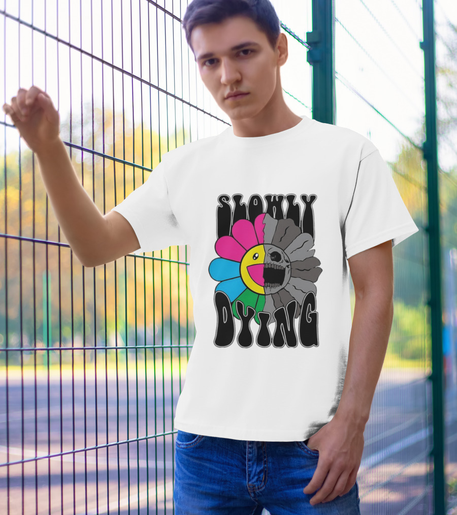 Slowly Dying Colorful Flower Skull Dark Half Happy Half Grim T-Shirt