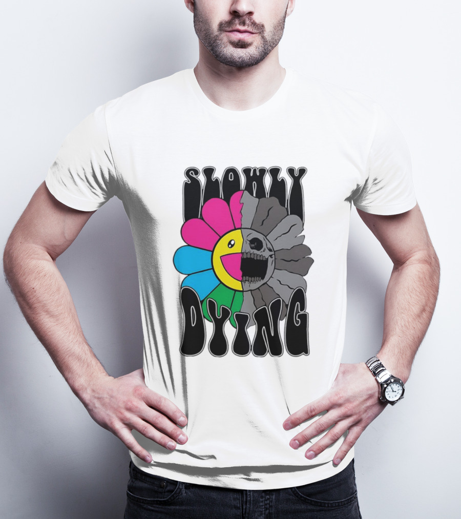 Slowly Dying Colorful Flower Skull Dark Half Happy Half Grim T-Shirt