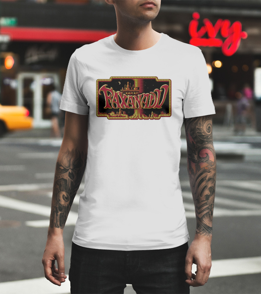 Faxanadu Retro NES Game Pixel Art Castle Moon Night Scene T-Shirt