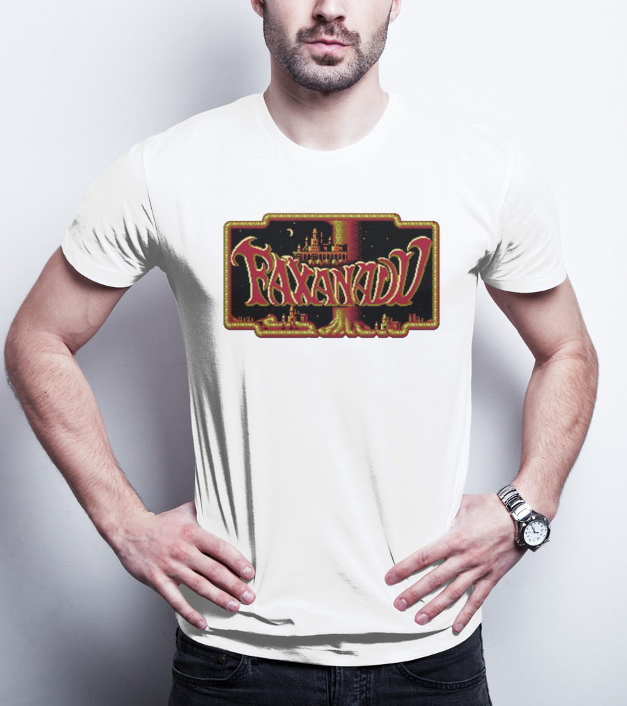 Faxanadu Retro NES Game Pixel Art Castle Moon Night Scene T-Shirt