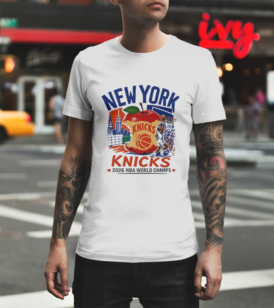 New York Knicks 2026 NBA World Champs Skyline Apple Basketball T-Shirt