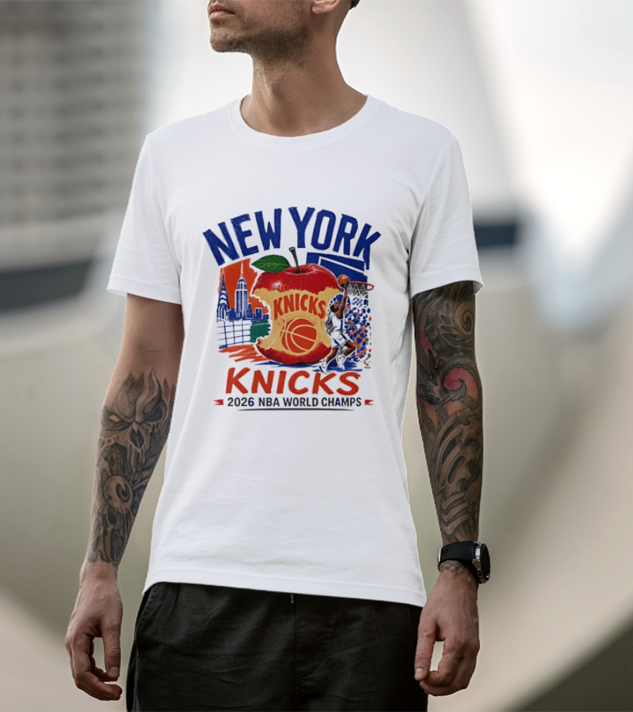 New York Knicks 2026 NBA World Champs Skyline Apple Basketball T-Shirt