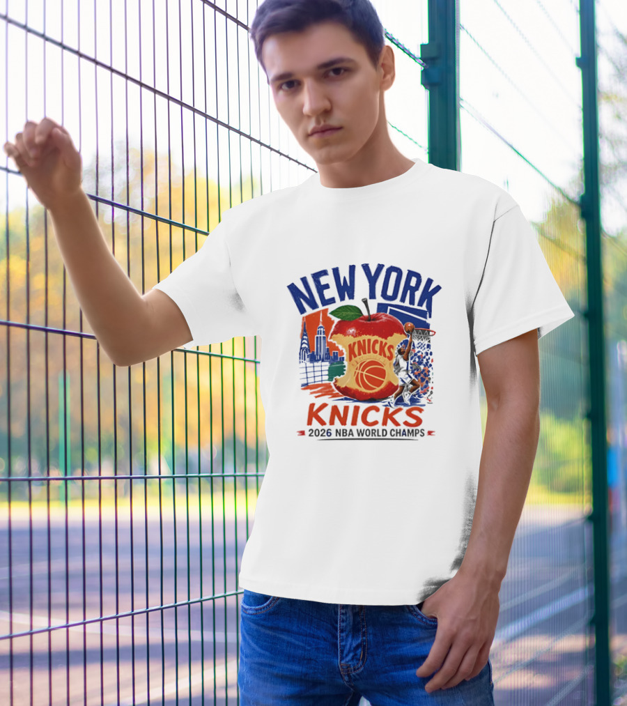 New York Knicks 2026 NBA World Champs Skyline Apple Basketball T-Shirt