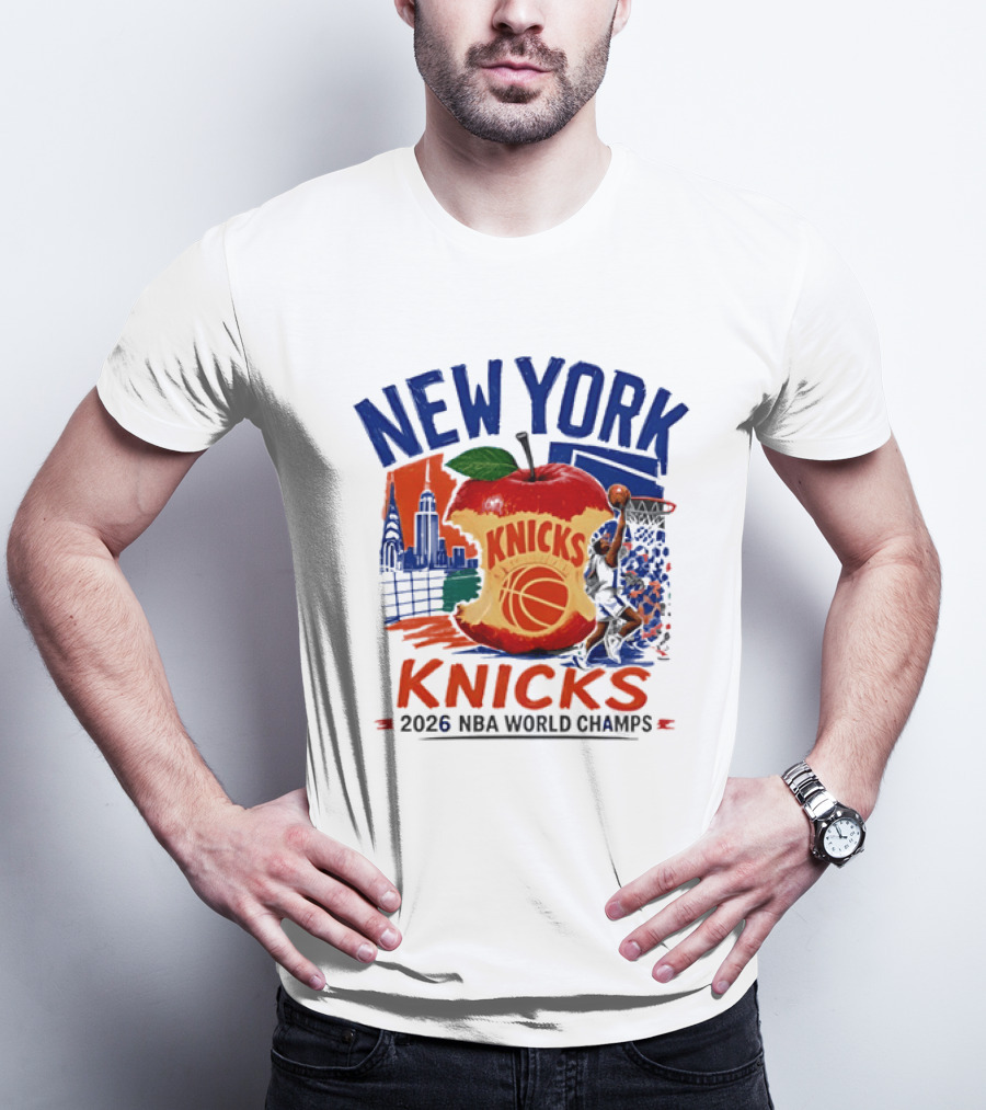 New York Knicks 2026 NBA World Champs Skyline Apple Basketball T-Shirt
