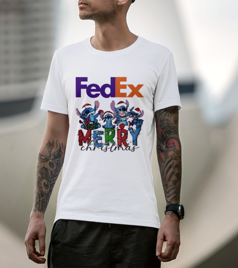 FedEx Stitch Merry Christmas 2025 Characters In Santa Hats T-Shirt