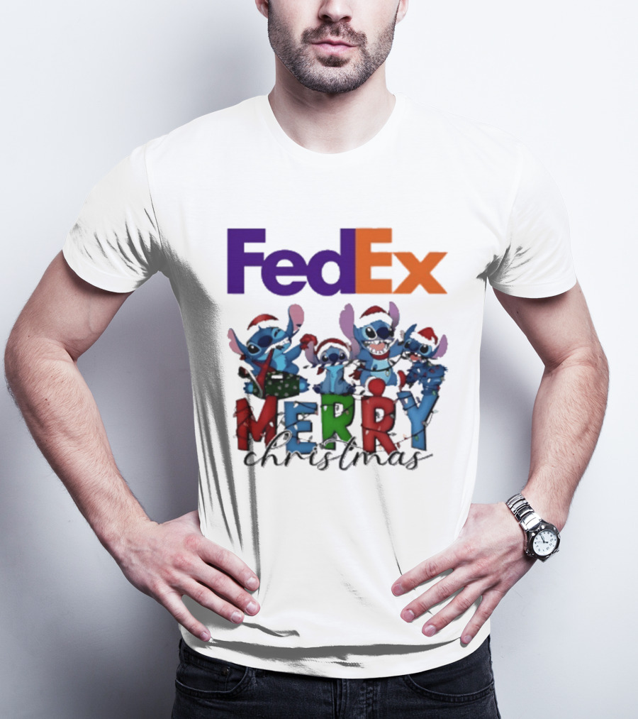 FedEx Stitch Merry Christmas 2025 Characters In Santa Hats T-Shirt