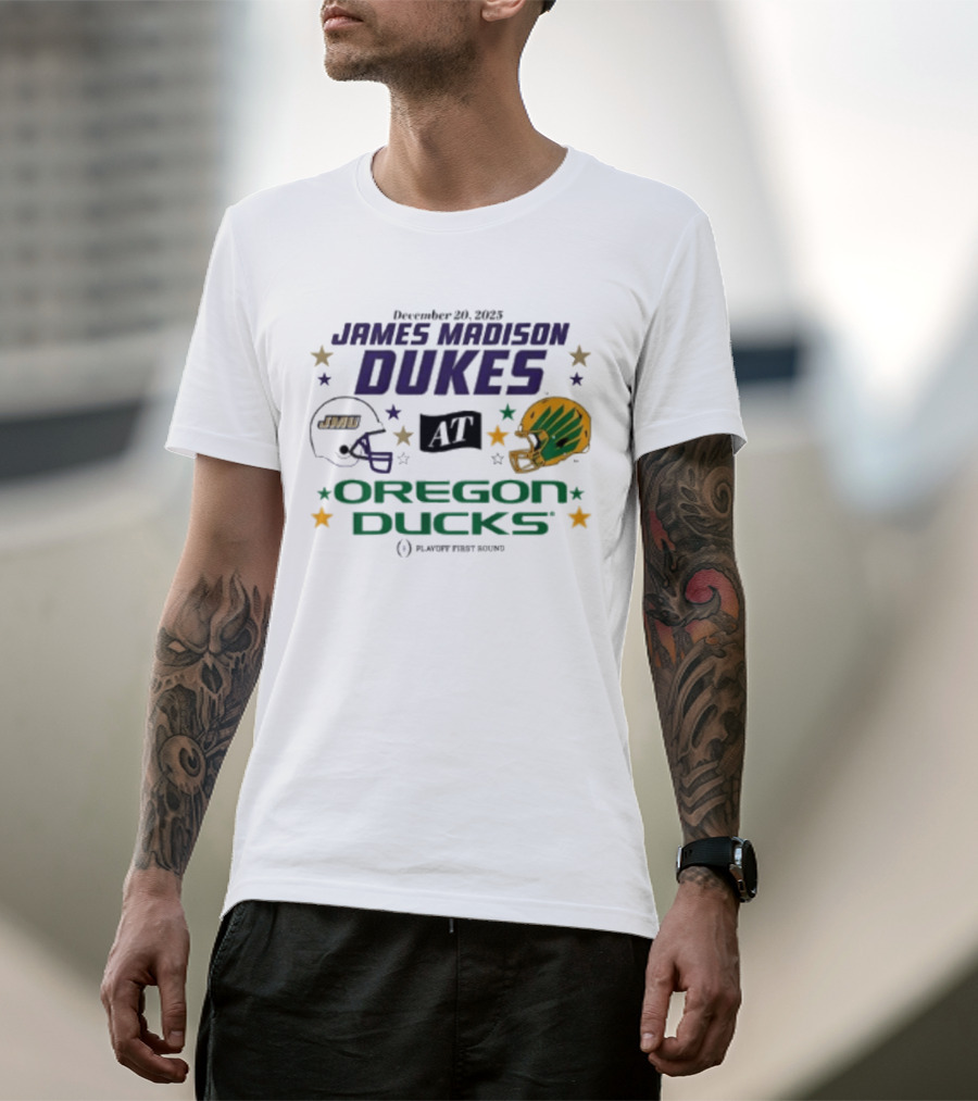 James Madison Dukes Vs Oregon Ducks December 20 2025 CFP Playoff First Round T-Shirt