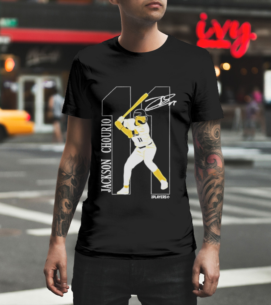 Jackson Chourio Brewers 11 Batting Pose Signature T-Shirt