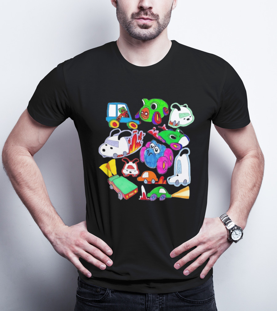 Colorful Cartoon Animal Toy Cars With Rocket Exhaust And Flames Racing Sketch T-Shirt