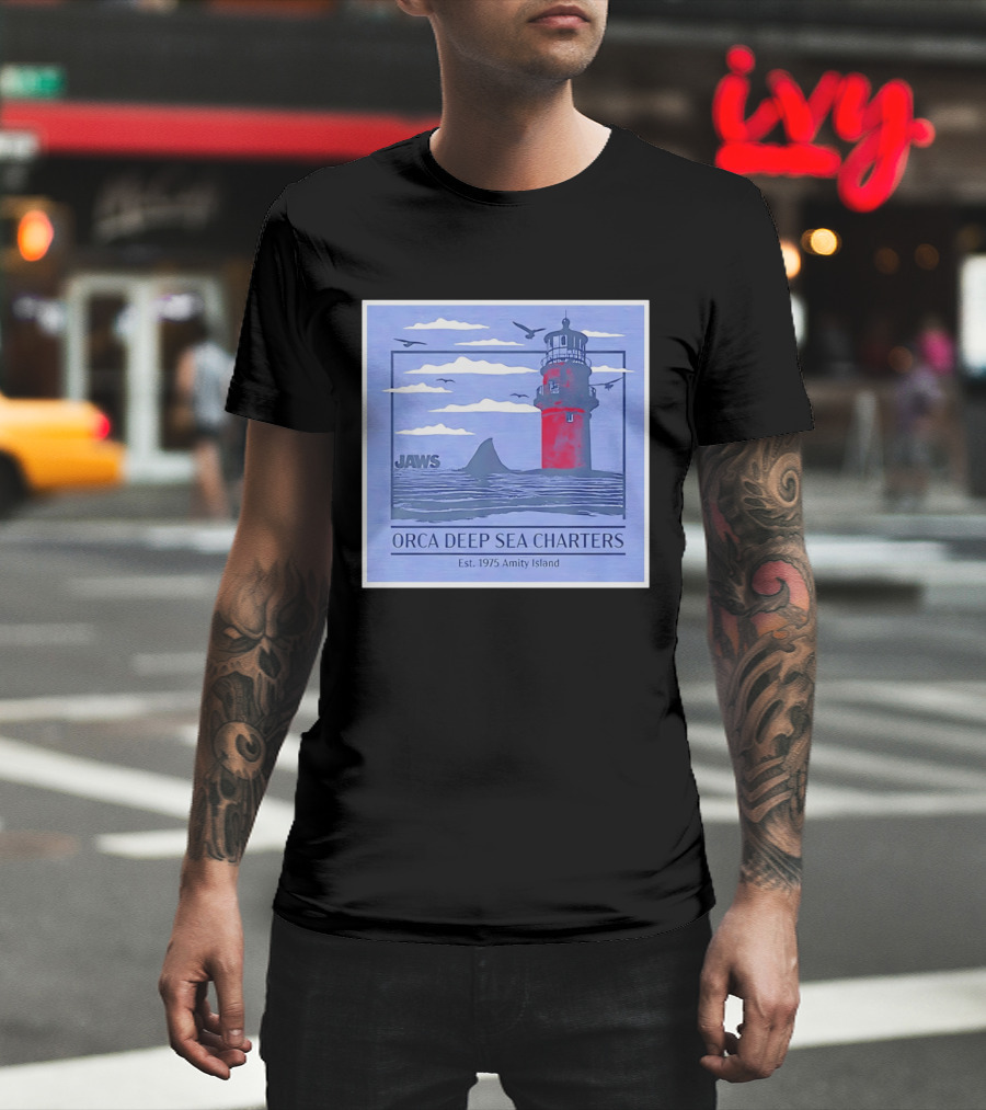 Jaws Orca Deep Sea Charters 1975 Amity Island Lighthouse Ocean Adventure T-Shirt