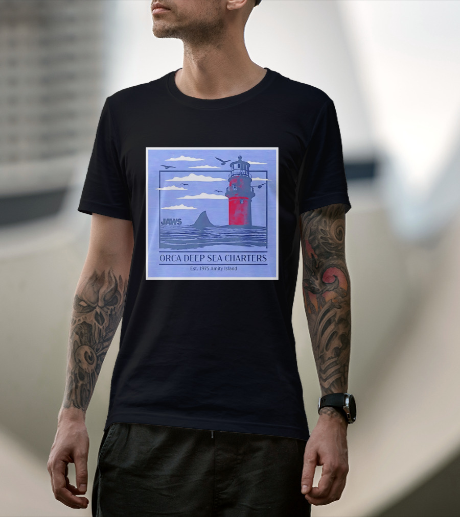 Jaws Orca Deep Sea Charters 1975 Amity Island Lighthouse Ocean Adventure T-Shirt
