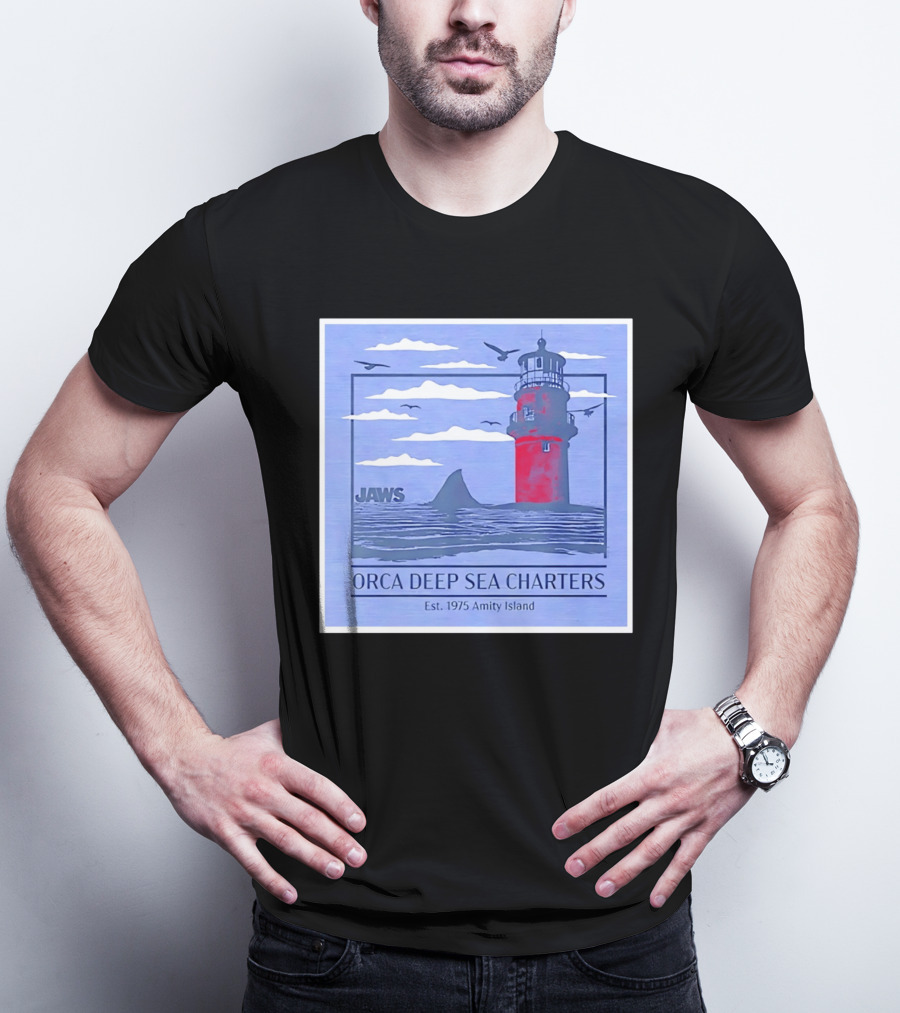 Jaws Orca Deep Sea Charters 1975 Amity Island Lighthouse Ocean Adventure T-Shirt