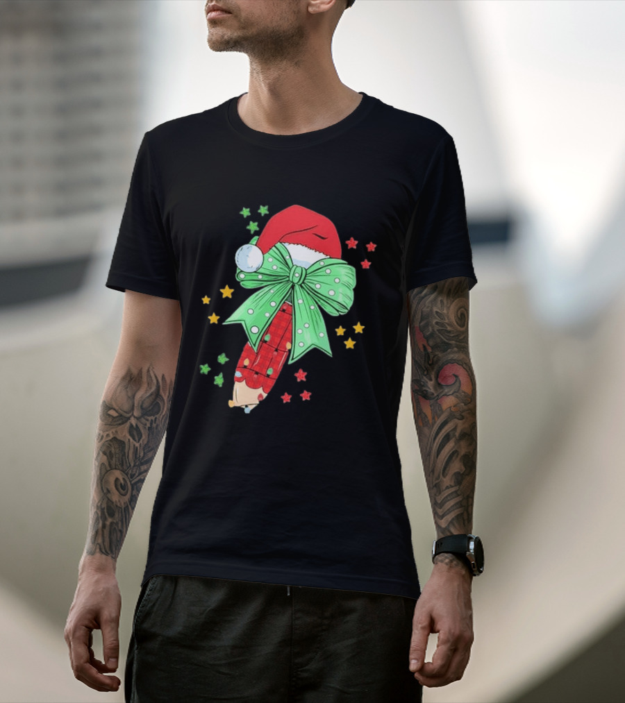 Christmas Elf Pen Candy Cane With Green Bow And Santa Hat T-Shirt