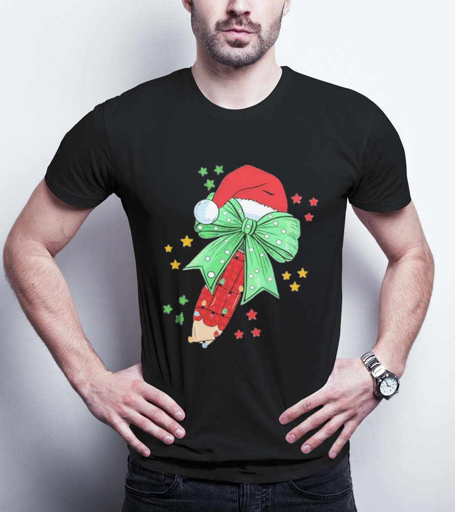 Christmas Elf Pen Candy Cane With Green Bow And Santa Hat T-Shirt