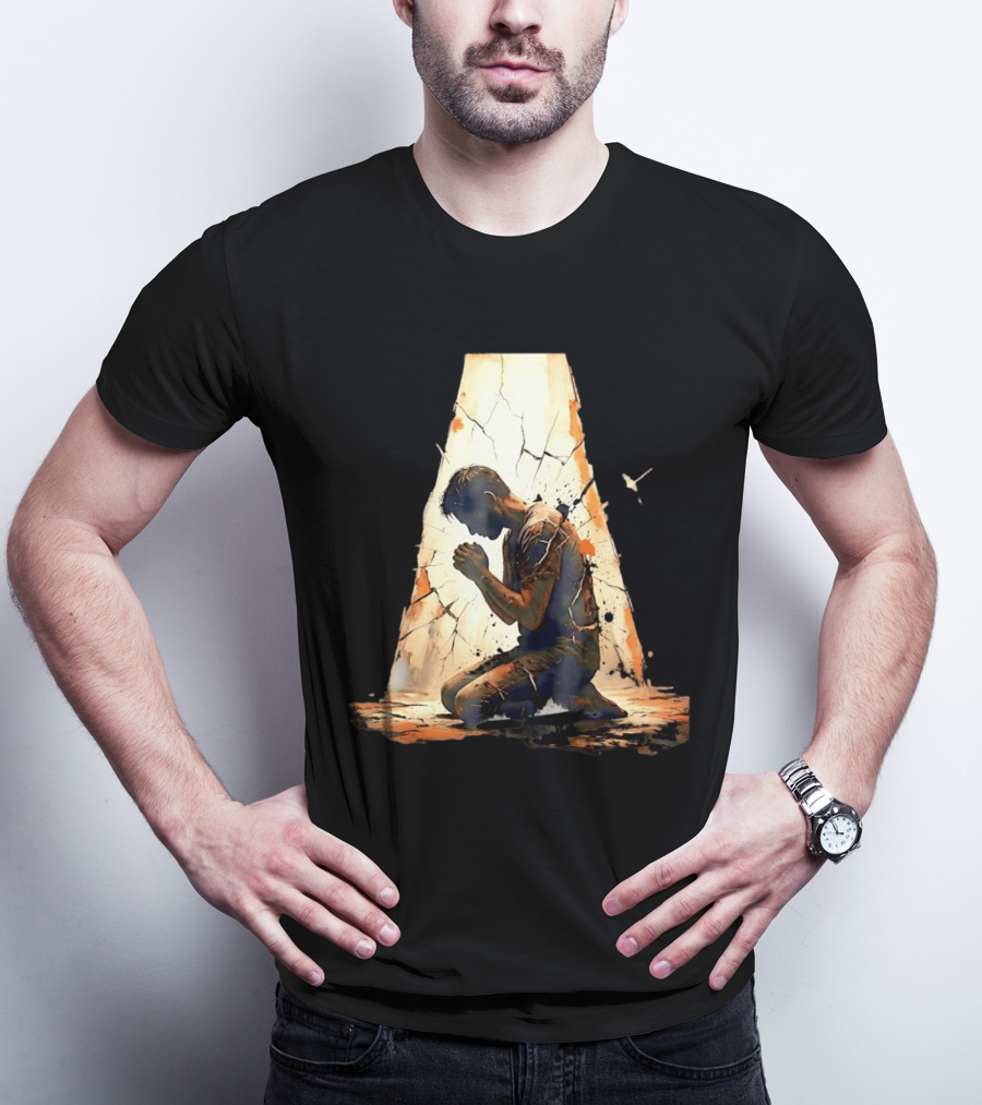 Man Kneeling In Prayer Spiritual Faith Devotion Cracked Wall And Light T-Shirt