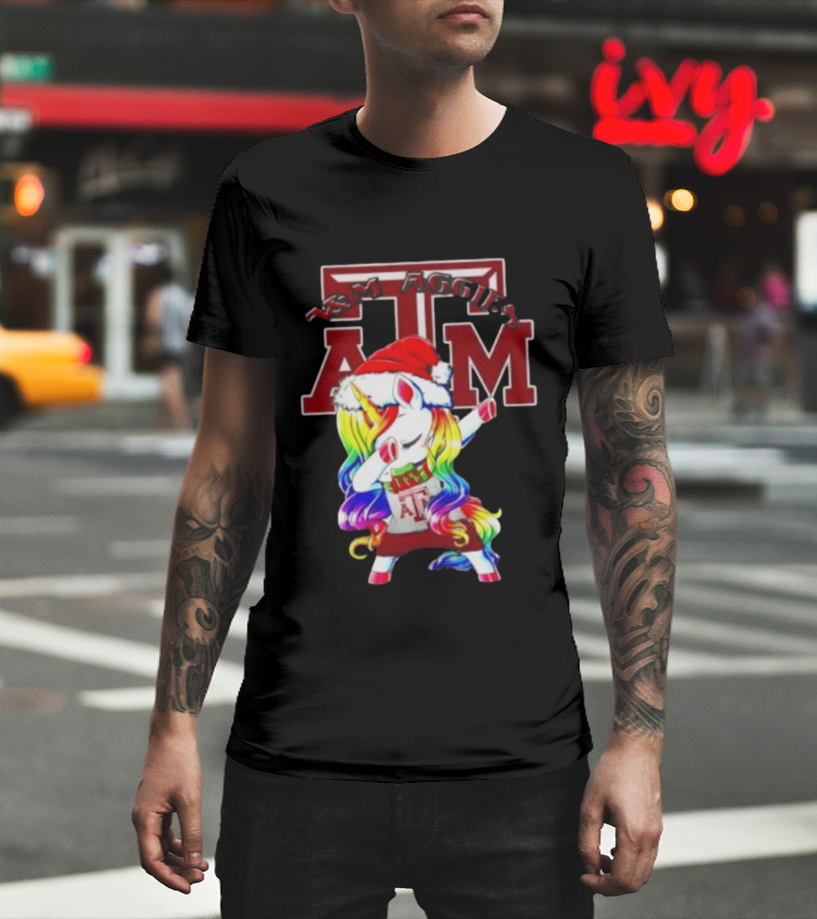 Texas Am Aggies Unicorn Dabbing Santa Hat Merry Christmas T-Shirt