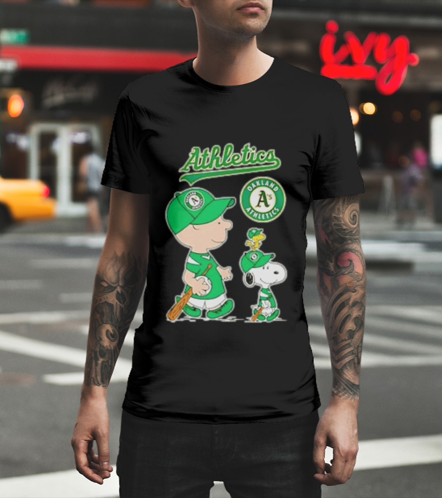 Oakland Athletics MLB Charlie Brown Snoopy Woodstock Baseball Peanuts Characters T-Shirt