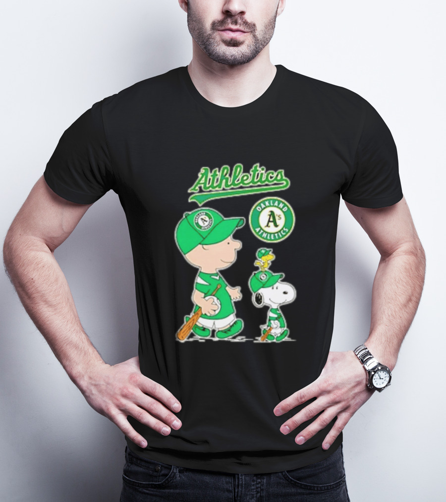 Oakland Athletics MLB Charlie Brown Snoopy Woodstock Baseball Peanuts Characters T-Shirt