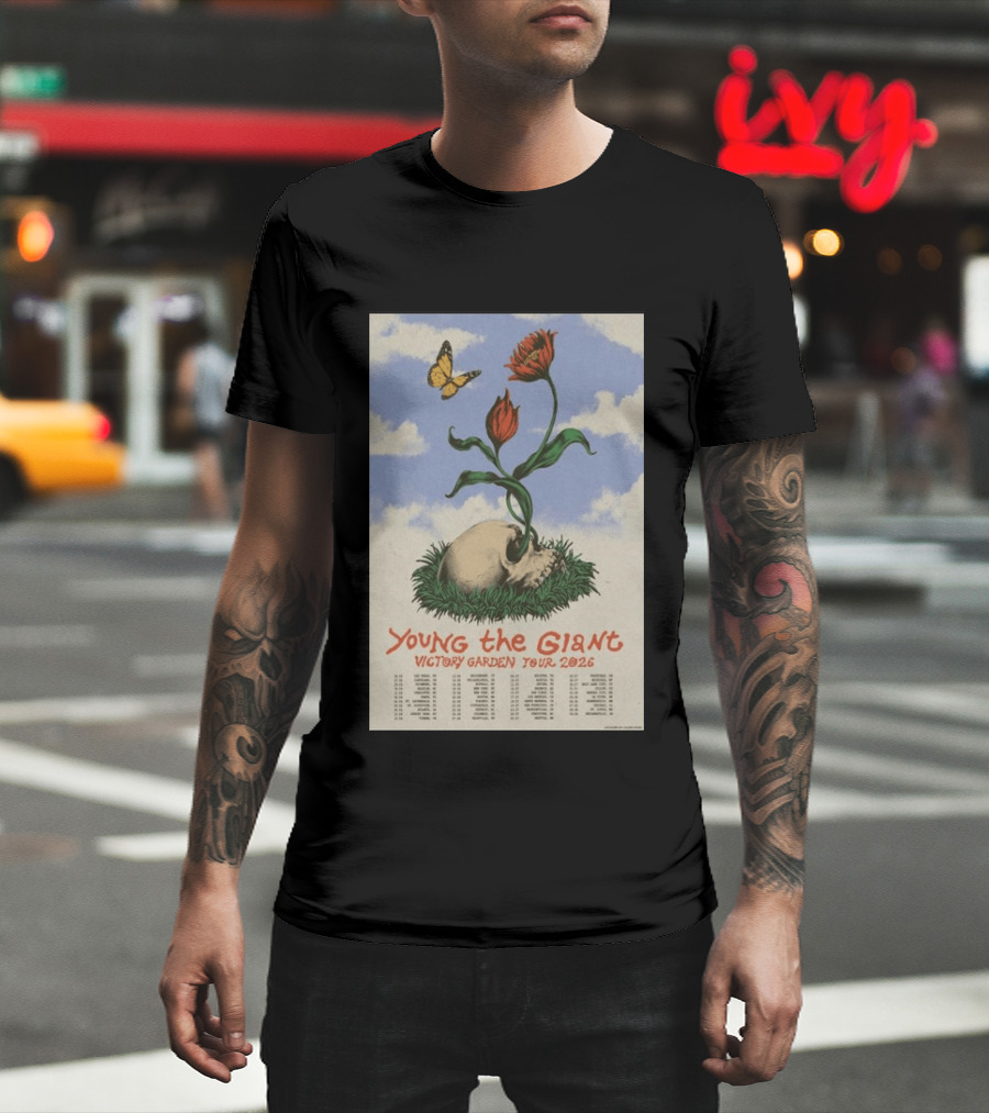 Young The Giant Victory Garden Tour 2026 Skull Flower Butterfly Google Ads Poland Ireland Dates T-Shirt