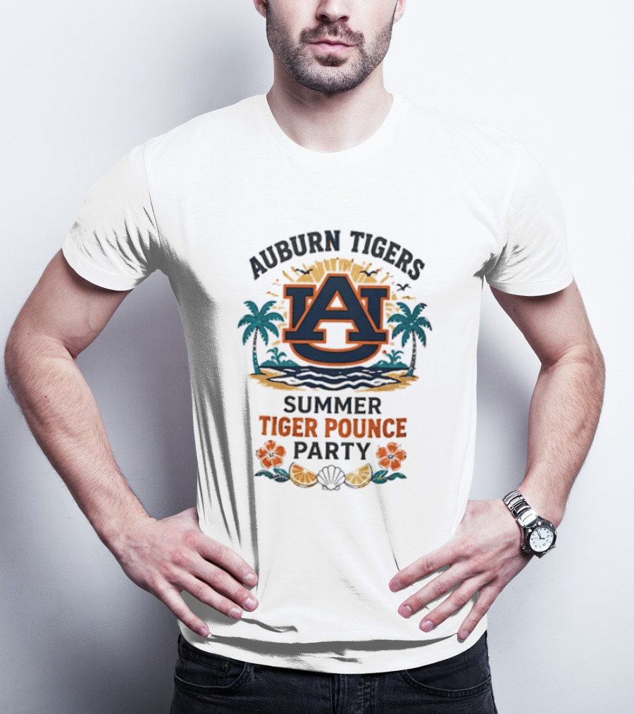 Auburn Tigers Summer Tiger Pounce Party Tropical Beach Scene T-Shirt