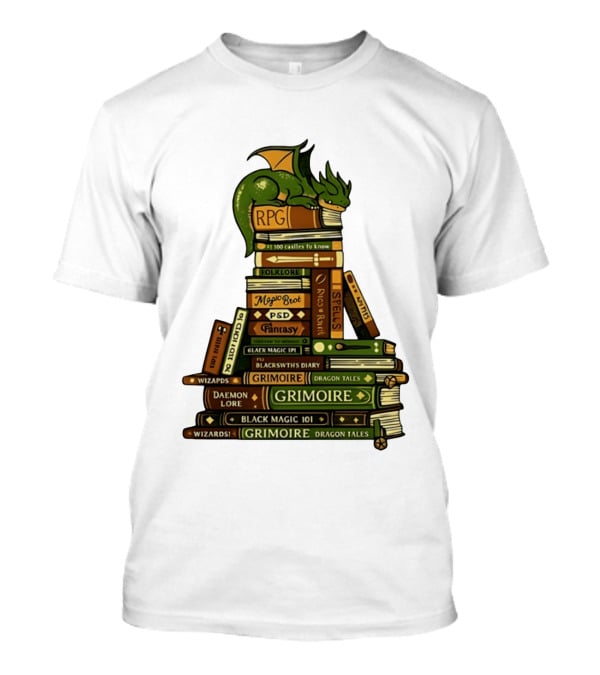 Dragon Resting On RPG Fantasy Grimoire Magic Books Stack T-Shirt