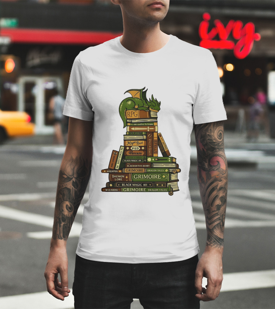 Dragon Resting On RPG Fantasy Grimoire Magic Books Stack T-Shirt