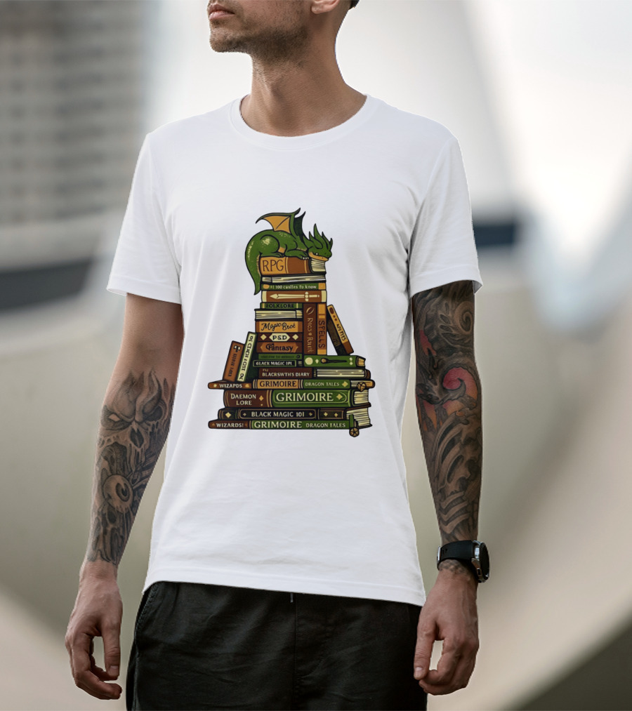 Dragon Resting On RPG Fantasy Grimoire Magic Books Stack T-Shirt