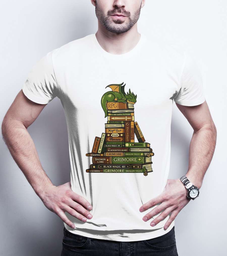 Dragon Resting On RPG Fantasy Grimoire Magic Books Stack T-Shirt