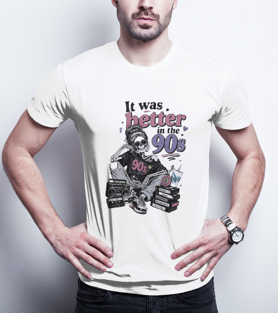 It Was Better In The 90s Skeleton Nostalgia Vibes Cassette Tapes And Books T-Shirt