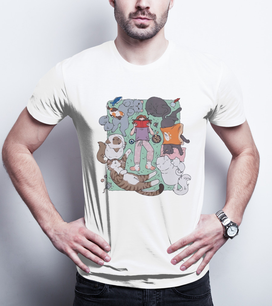 Girl Reading A Book With Cats Around Her Cat Lover T-Shirt