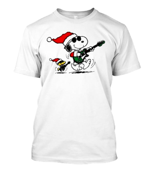 Snoopy Christmas Rocking Guitar Santa Hat Woodstock Peanuts T-Shirt