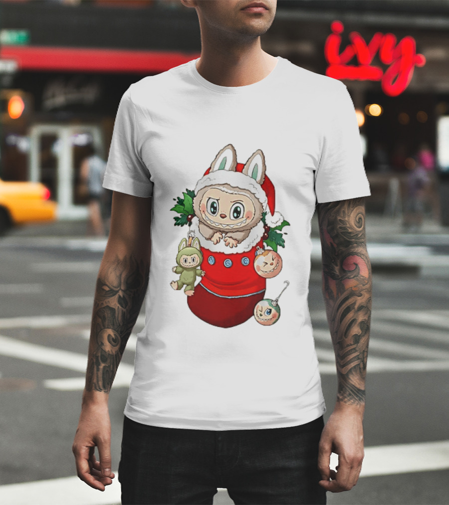Stocking Stuffer Labubu Christmas Santa Hat Holly Ornaments T-Shirt