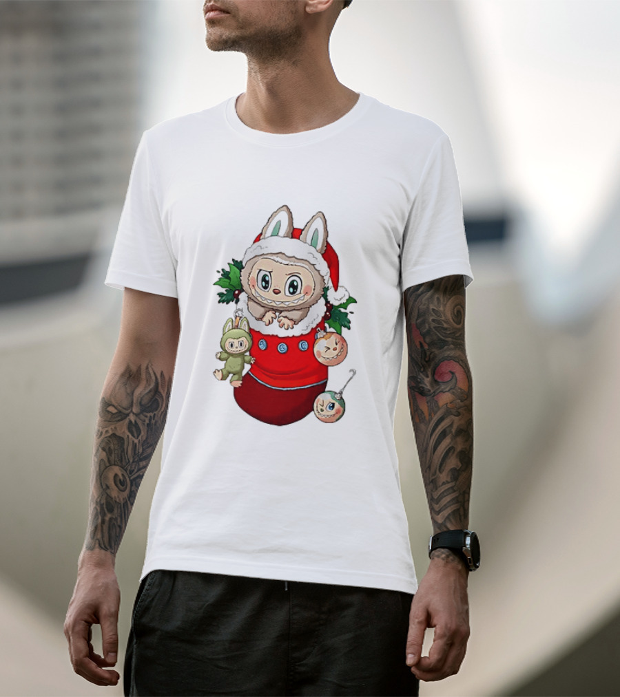 Stocking Stuffer Labubu Christmas Santa Hat Holly Ornaments T-Shirt