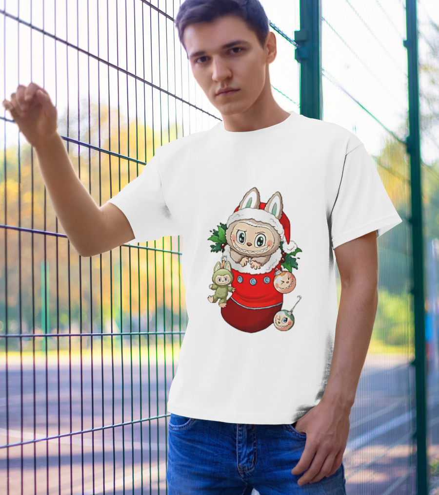 Stocking Stuffer Labubu Christmas Santa Hat Holly Ornaments T-Shirt