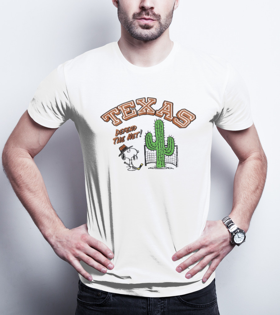 Texas Peanuts Snoopy Defend The Net Hockey Cactus T-Shirt
