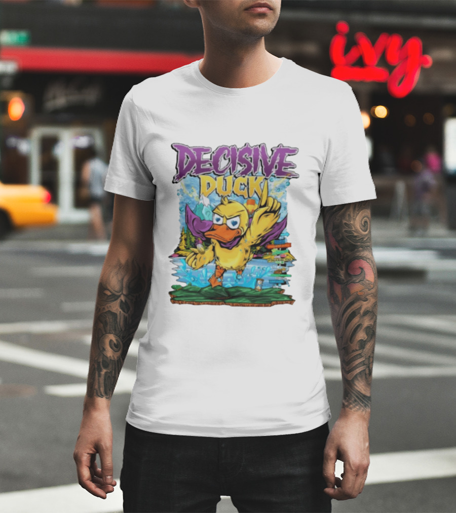 Decisive Duck Adventure Cartoon Style Colorful Forest Scene T-Shirt