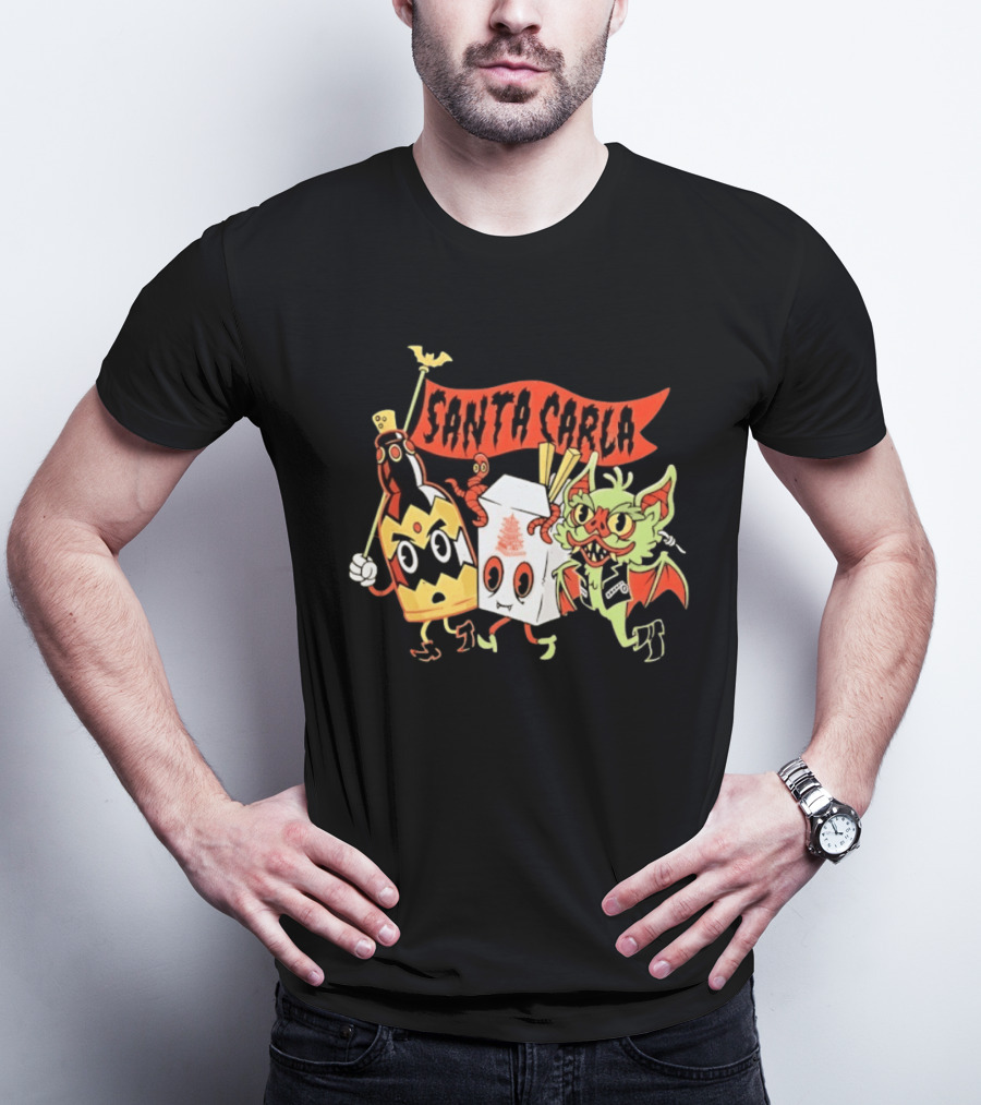 Santa Carla Cartoon Vampire Characters And Food Box With Flag T-Shirt