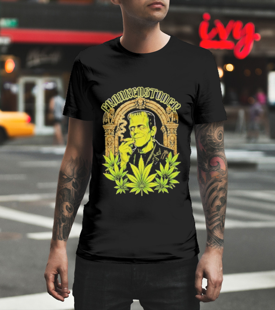 Frankenstoner Frankenstein Marijuana Smoking Arch Skulls T-Shirt